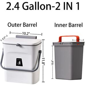 2 IN 1 Kitchen Trash Can With Slide Lid, Under Sink Garbage Can, 2.4 Gal Waste Bins With Inner Barrel, Portable Hang Trash Bin For Cabinet Door, Cupboard, Counter, Bathroom, With Sticky Hook & Scraper