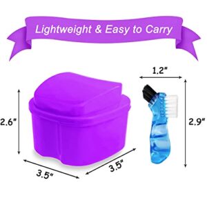 Colorful Denture Bath Case with Brush, Denture Cup Soaking Holder False Teeth Container Mouth Guard Storage Case Cleaning with Lid Waterproof - Purple