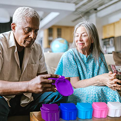 Colorful Denture Bath Case with Brush, Denture Cup Soaking Holder False Teeth Container Mouth Guard Storage Case Cleaning with Lid Waterproof - Purple