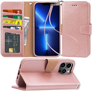 arae compatible with iphone 13 pro max case wallet flip cover with card holder and wrist strap for iphone 13 pro max 6.7 inch-rose gold