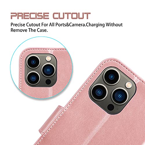 Arae Compatible with iPhone 13 Pro Max Case Wallet Flip Cover with Card Holder and Wrist Strap for iPhone 13 Pro Max 6.7 inch-Rose Gold