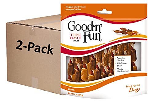 Good'n'Fun Triple Flavored Rawhide Kabobs for Dogs, 24 oz | 36 Count (P-94187)- 2 Pack