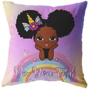 unicorn decor for girls bedroom decor, unicorn pillow decor, 16x16 stuffed afro puff unicorn pillow, purple pillows, girls room decor, afro hair decor