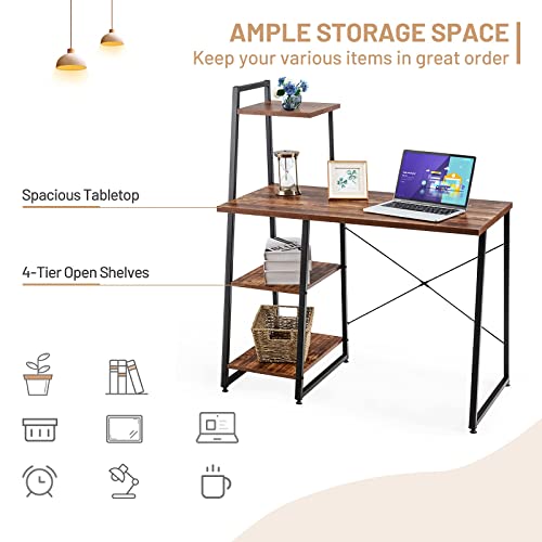 COSTWAY Computer Desk with 4-Tier Storage Shelves, Home Office Desk Writing Table with Sturdy X-Shape Frame, Adjustable Foot Pads, Modern Simple Style Small Study Desk, Wide Tabletop (Brown and Black)