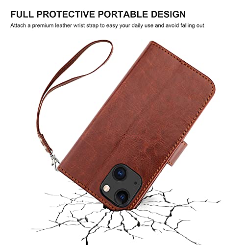 Bocasal Detachable Wallet Case for iPhone 13 RFID Blocking Card Slots Holder Premium PU Leather Magnetic Kickstand Shockproof Wrist Strap Removable Flip Protective Cover 5G 6.1 inch (Brown)