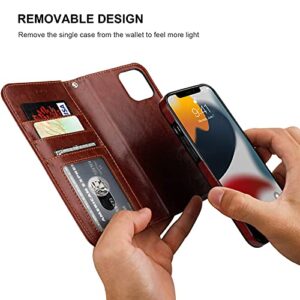 Bocasal Detachable Wallet Case for iPhone 13 RFID Blocking Card Slots Holder Premium PU Leather Magnetic Kickstand Shockproof Wrist Strap Removable Flip Protective Cover 5G 6.1 inch (Brown)