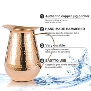 Pure Copper Water Pitcher with lid, 100% Solid Copper Jug, Capacity 70 Oz, Copper Hammered Vessel, Copper Carafe For Ayurveda Health, Healing Benefit, Home, Hotel & Gifting