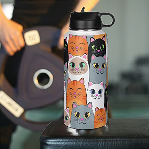 Greenieey Colorful Cats Insulated Water Bottle with Straw for Sports and Travel,Stainless Steel Thermos Flask for Adults＆Kids White 1000ml (32oz)