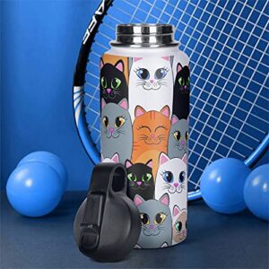 Greenieey Colorful Cats Insulated Water Bottle with Straw for Sports and Travel,Stainless Steel Thermos Flask for Adults＆Kids White 1000ml (32oz)