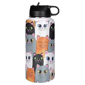 Greenieey Colorful Cats Insulated Water Bottle with Straw for Sports and Travel,Stainless Steel Thermos Flask for Adults＆Kids White 1000ml (32oz)