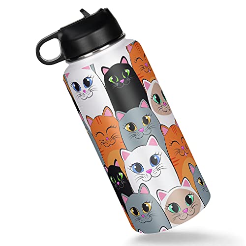 Greenieey Colorful Cats Insulated Water Bottle with Straw for Sports and Travel,Stainless Steel Thermos Flask for Adults＆Kids White 1000ml (32oz)