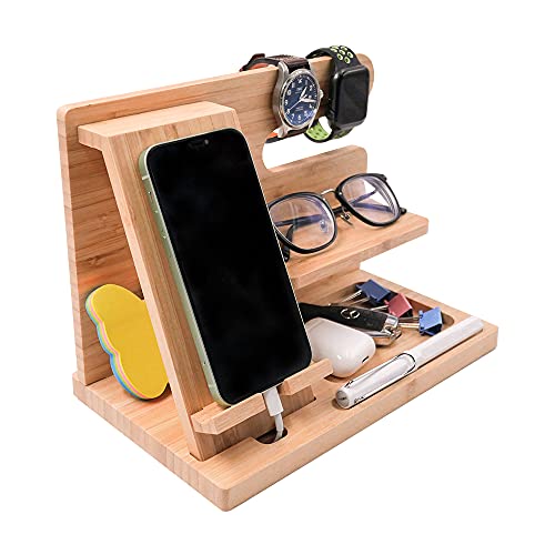 Bamboo Desk Storage Organizer-Wooden Phone Docking Station and Nightstand Organizer for Men, Watch Key Holder,Phone Stand-Beside Charging Station,Gadgets for Men,Gifts for Father Day