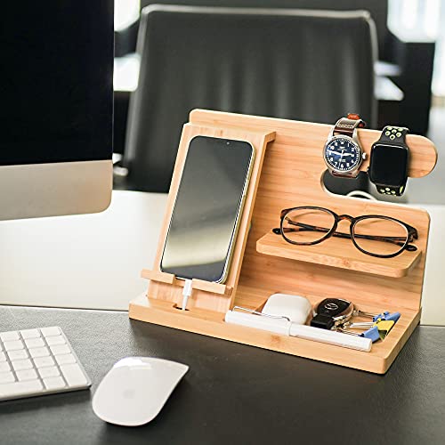 Bamboo Desk Storage Organizer-Wooden Phone Docking Station and Nightstand Organizer for Men, Watch Key Holder,Phone Stand-Beside Charging Station,Gadgets for Men,Gifts for Father Day