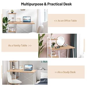 COSTWAY Computer Desk with 4-Tier Storage Shelves, Home Office Desk Writing Table with Sturdy X-Shape Frame, Adjustable Foot Pads, Modern Small Study Desk, Wide Tabletop (Natural and White)