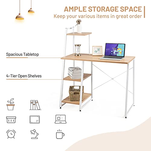 COSTWAY Computer Desk with 4-Tier Storage Shelves, Home Office Desk Writing Table with Sturdy X-Shape Frame, Adjustable Foot Pads, Modern Small Study Desk, Wide Tabletop (Natural and White)