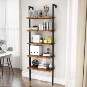 dklgg 5-tier book shelf rack against the wall, tall ladder shelf wooden bookcase metal frame storage plant and flower, single standing bookshelf ladder ​for living room, bedroom, balcony, home office