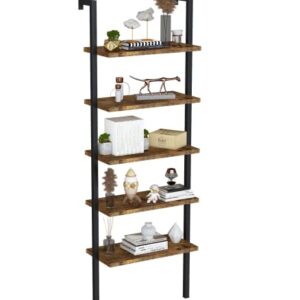 DKLGG 5-Tier Book Shelf Rack Against The Wall, Tall Ladder Shelf Wooden Bookcase Metal Frame Storage Plant and Flower, Single Standing Bookshelf Ladder ​for Living Room, Bedroom, Balcony, Home Office