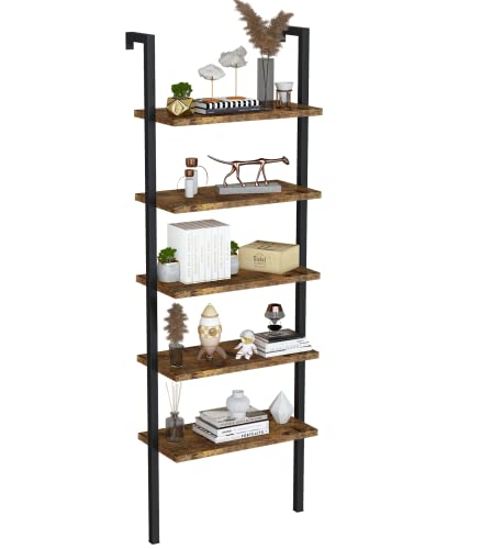 DKLGG 5-Tier Book Shelf Rack Against The Wall, Tall Ladder Shelf Wooden Bookcase Metal Frame Storage Plant and Flower, Single Standing Bookshelf Ladder ​for Living Room, Bedroom, Balcony, Home Office