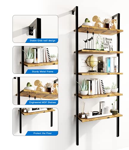 DKLGG 5-Tier Book Shelf Rack Against The Wall, Tall Ladder Shelf Wooden Bookcase Metal Frame Storage Plant and Flower, Single Standing Bookshelf Ladder ​for Living Room, Bedroom, Balcony, Home Office