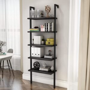 dklgg 5-tier book shelf rack against the wall, tall ladder shelf wooden bookcase metal frame storage plant and flower, single standing bookshelf ladder ​for living room, bedroom, balcony, home office