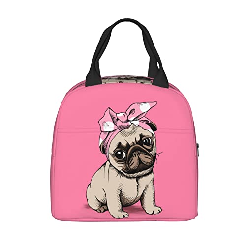 PrelerDIY Cute Pink Pug Lunch Box - Insulated Lunch Bags for Kids Boys Girls Reusable Lunch Tote Bags, Perfect for School/Camping/Hiking/Picnic/Beach/Travel