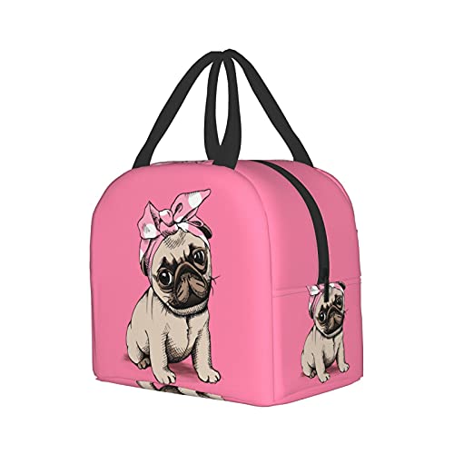 PrelerDIY Cute Pink Pug Lunch Box - Insulated Lunch Bags for Kids Boys Girls Reusable Lunch Tote Bags, Perfect for School/Camping/Hiking/Picnic/Beach/Travel