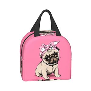 PrelerDIY Cute Pink Pug Lunch Box - Insulated Lunch Bags for Kids Boys Girls Reusable Lunch Tote Bags, Perfect for School/Camping/Hiking/Picnic/Beach/Travel