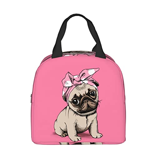 PrelerDIY Cute Pink Pug Lunch Box - Insulated Lunch Bags for Kids Boys Girls Reusable Lunch Tote Bags, Perfect for School/Camping/Hiking/Picnic/Beach/Travel