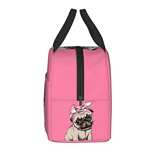 PrelerDIY Cute Pink Pug Lunch Box - Insulated Lunch Bags for Kids Boys Girls Reusable Lunch Tote Bags, Perfect for School/Camping/Hiking/Picnic/Beach/Travel