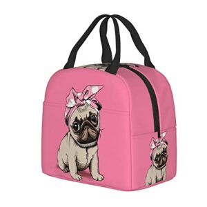 PrelerDIY Cute Pink Pug Lunch Box - Insulated Lunch Bags for Kids Boys Girls Reusable Lunch Tote Bags, Perfect for School/Camping/Hiking/Picnic/Beach/Travel