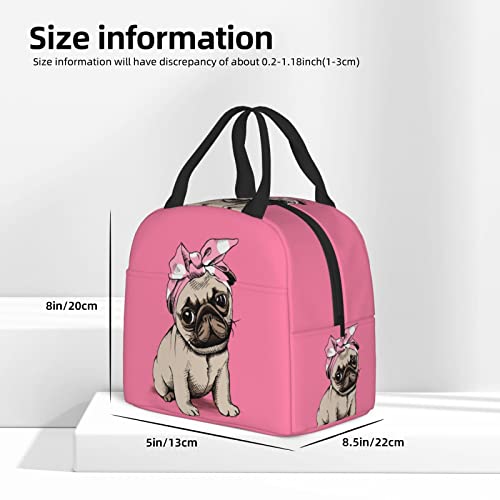 PrelerDIY Cute Pink Pug Lunch Box - Insulated Lunch Bags for Kids Boys Girls Reusable Lunch Tote Bags, Perfect for School/Camping/Hiking/Picnic/Beach/Travel