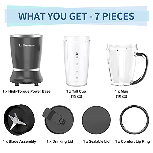 La Reveuse Personal Size Blender 250 Watts Power for Shakes Smoothies Seasonings Sauces with 1 Piece 15 oz Cup,1 Piece 10 oz Mug,BPA Free (Black)