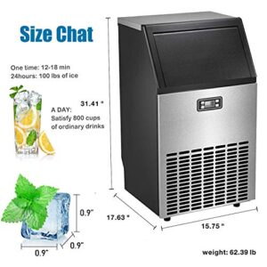 Antarctic Star Commercial Ice Makers Machine Stainless Steel Makers 100 Lbs of Ice Per 24H with 33 Pounds Storage Capacity Ice Cubes Freestanding Party/Bar/Restaurant Scoop Connection Hose Silver