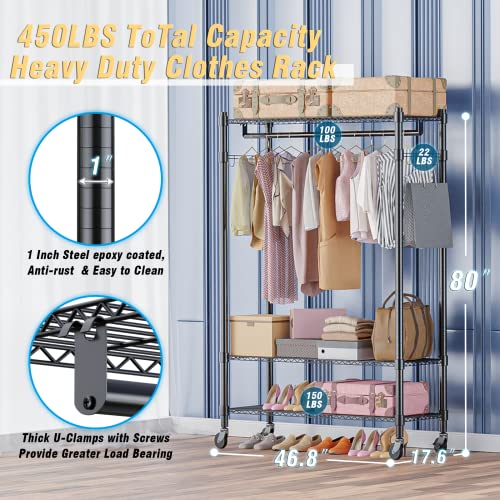 Homdox Rolling Garment Rack with Double Rod, Heavy Duty Clothing Rack with Shelves, Portable Clothes Rack, Free Standing Wardrobe Rack, with Lockable Wheels & Hanging Hooks, Max Load 450 LBS, Black