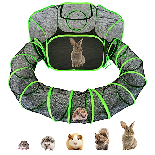 HEYHOME Small Animal Playpen Guinea Pig Hedgehog Cage Rabbit Cage with Fun Surround Tunnel Breathable & Transparent Pop Open Exercise Yard Fence with Top Cover Anti Escape（Patent Pending）