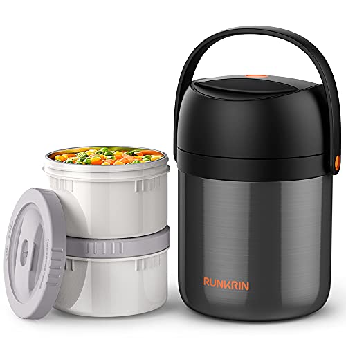 Runkrin Insulated Food Jar 54oz for Hot Food 8 Hours, 2 Tiers Leak-Proof Bento Lunch Box, Vacuum Double-wall Thermal, Stainless Steel Stackable Soup Containers for Men Women