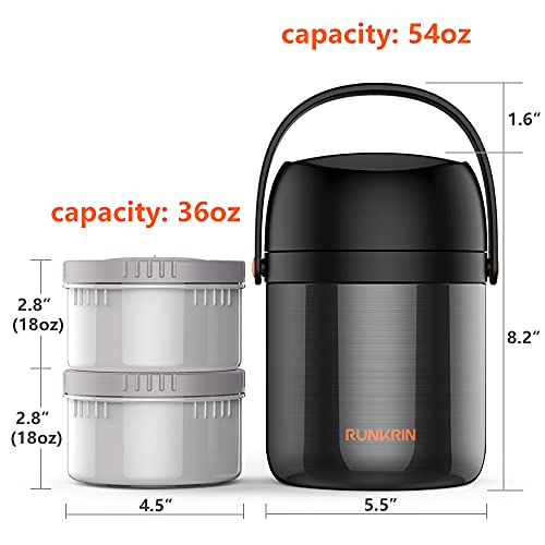 Runkrin Insulated Food Jar 54oz for Hot Food 8 Hours, 2 Tiers Leak-Proof Bento Lunch Box, Vacuum Double-wall Thermal, Stainless Steel Stackable Soup Containers for Men Women