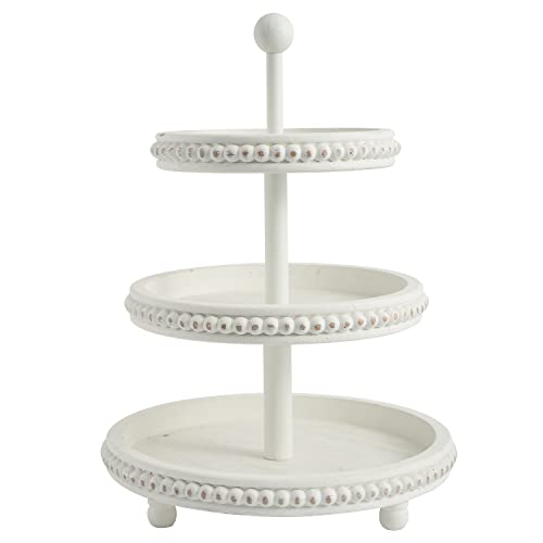 SwallowLiving Farmhouse 3 Tier Tray, White Three Tiered Tray Wood Stand with Shabby Chic Beaded for Home & Kitchen or Coffee Bar Decorations, 12.4 x 12.4 x 16.5 inchs