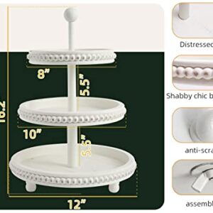 SwallowLiving Farmhouse 3 Tier Tray, White Three Tiered Tray Wood Stand with Shabby Chic Beaded for Home & Kitchen or Coffee Bar Decorations, 12.4 x 12.4 x 16.5 inchs