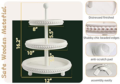 SwallowLiving Farmhouse 3 Tier Tray, White Three Tiered Tray Wood Stand with Shabby Chic Beaded for Home & Kitchen or Coffee Bar Decorations, 12.4 x 12.4 x 16.5 inchs