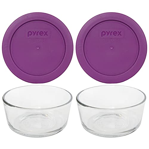 Pyrex (2 7200 Glass Bowls & (2) 7200-PC Thistle Purple Lids