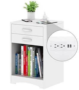 hoseoka white nightstand with charging station 2 drawer bedroom nightstand wood sofa side table end table with usb ports and storage, small kids nightstand