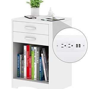 HOSEOKA White Nightstand with Charging Station 2 Drawer Bedroom Nightstand Wood Sofa Side Table End Table with USB Ports and Storage, Small Kids Nightstand