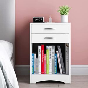 HOSEOKA White Nightstand with Charging Station 2 Drawer Bedroom Nightstand Wood Sofa Side Table End Table with USB Ports and Storage, Small Kids Nightstand