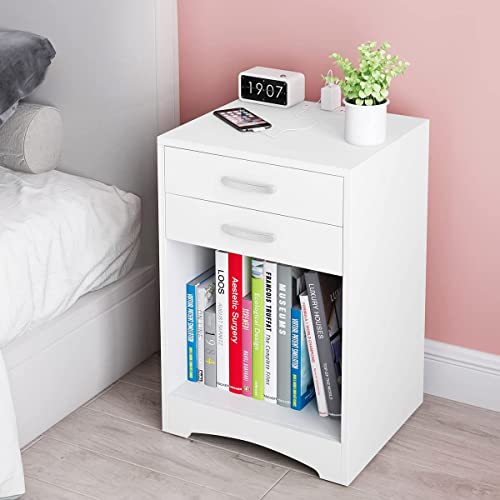 HOSEOKA White Nightstand with Charging Station 2 Drawer Bedroom Nightstand Wood Sofa Side Table End Table with USB Ports and Storage, Small Kids Nightstand