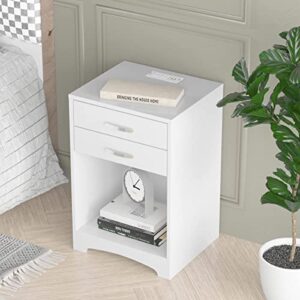 HOSEOKA White Nightstand with Charging Station 2 Drawer Bedroom Nightstand Wood Sofa Side Table End Table with USB Ports and Storage, Small Kids Nightstand