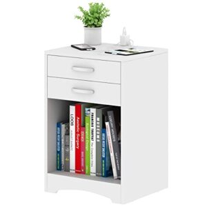 HOSEOKA White Nightstand with Charging Station 2 Drawer Bedroom Nightstand Wood Sofa Side Table End Table with USB Ports and Storage, Small Kids Nightstand