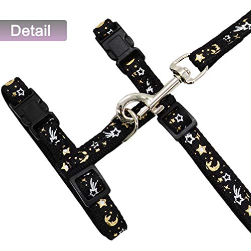 Cat Harness and Leash Set for Outdoor Walking Escape Proof Adjustable Soft Safety Strap with Golden Star and Moon Design Glow in The Dark Black Large