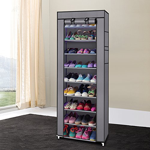 Ochine 10 Tier Shoe Rack Storage Organizer Non-Woven Fabric Cover Shoe Rack Cabinet Portable Single Row Shoe Rack Shelf Cabinet Tower with Dustproof Cover for Closet Entryway Hallway