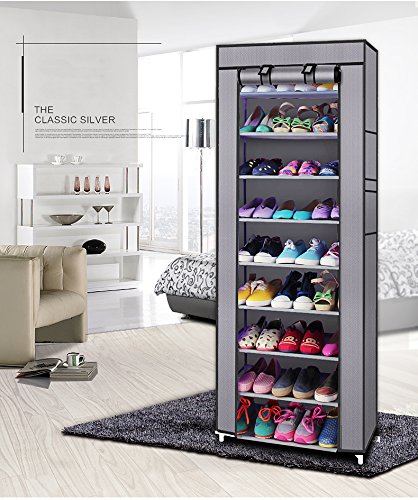 Ochine 10 Tier Shoe Rack Storage Organizer Non-Woven Fabric Cover Shoe Rack Cabinet Portable Single Row Shoe Rack Shelf Cabinet Tower with Dustproof Cover for Closet Entryway Hallway